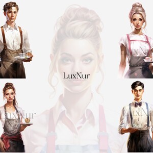 Watercolor Waiter & Waitress Clipart, Printable Restaurant Bistro Png ...