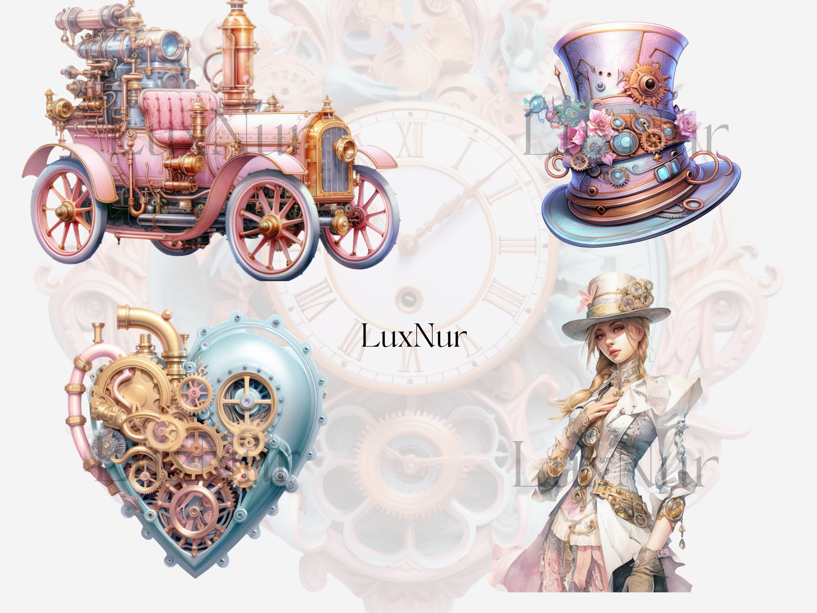 Pastel Steampunk Clipart Printable Watercolor Retro Futuristic - Etsy UK