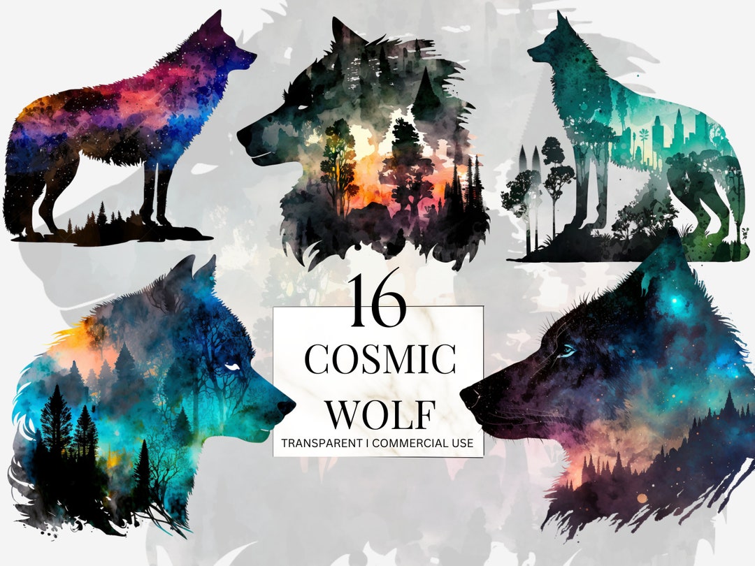 Watercolor Cosmic Wolf Clipart Printable Fantasy Celestial Galaxy Wolf ...