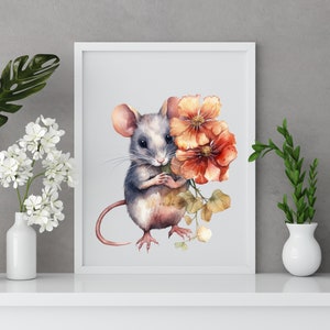 Watercolor Mouse With Flower Clipart Printable Floral Mice - Etsy