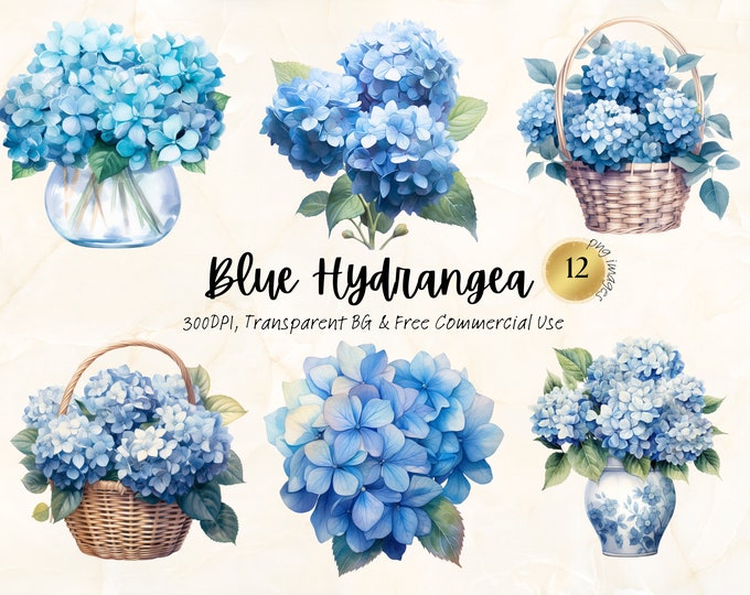 Watercolor Blue Hydrangea Clipart Printable Flower Dusty Blue Wedding ...