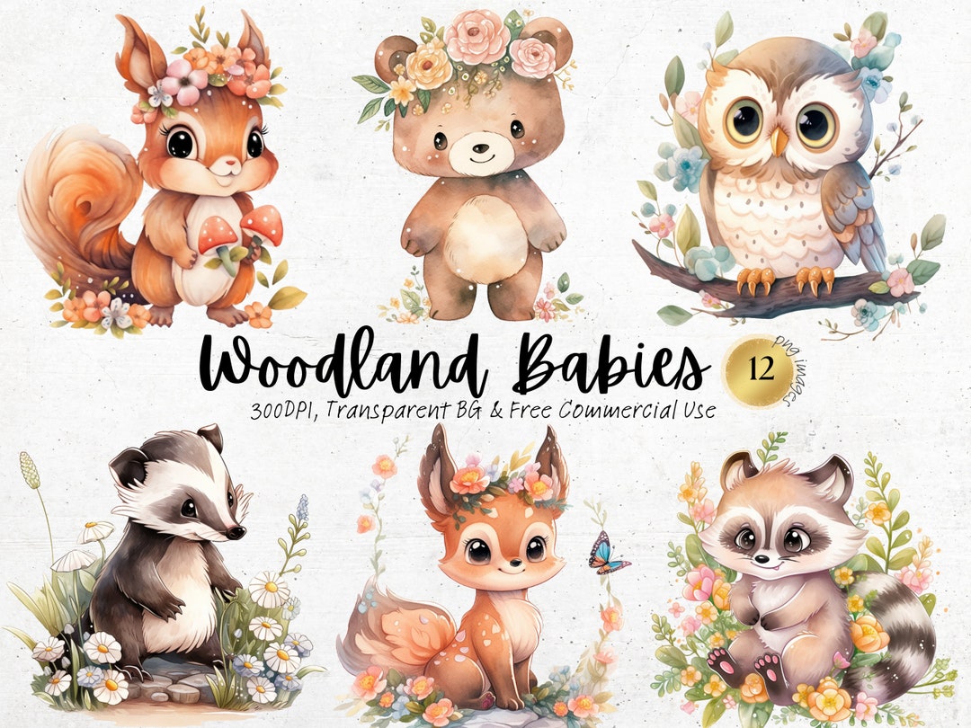 Watercolor Baby Woodland Animals Clipart Printable Jungle Floral Art ...