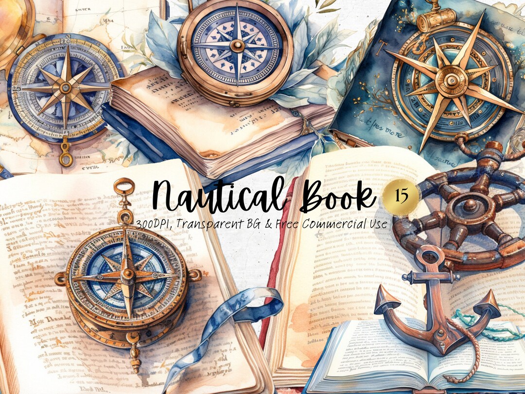 Watercolor Nautical Book Clipart, Printable Magical Maritime Png ...