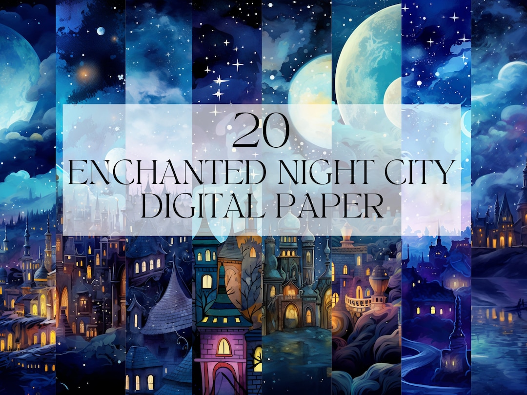 Watercolor Enchanted Night City Digital Paper, Printable Magical ...