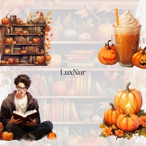Watercolor Autumn Cozy Bookworm Clipart, Printable Fall Book Ephemera ...