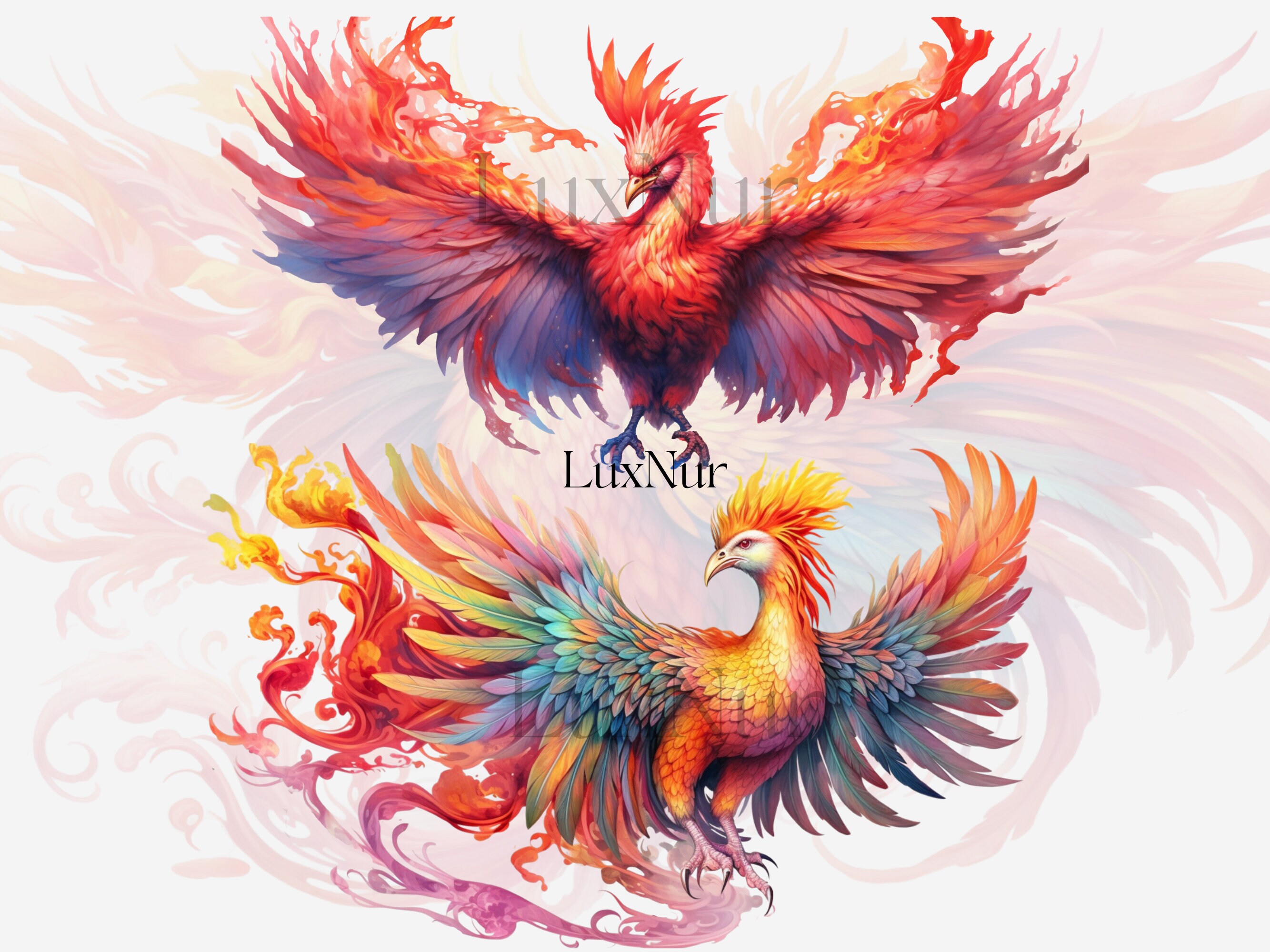 Watercolor Phoenix Clipart Printable Gold Red Blue Floral - Etsy UK