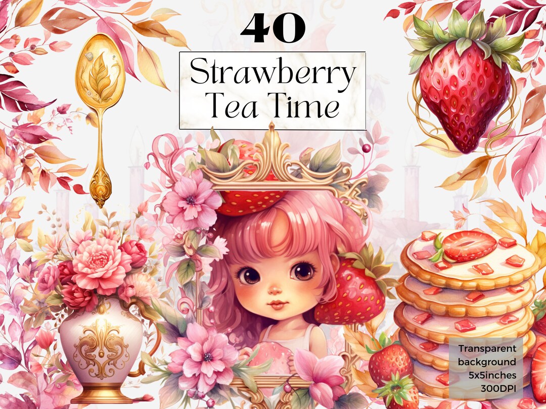 Strawberry Tea Clipart Printable, Watercolor Garden Tea Clipart, Pink ...