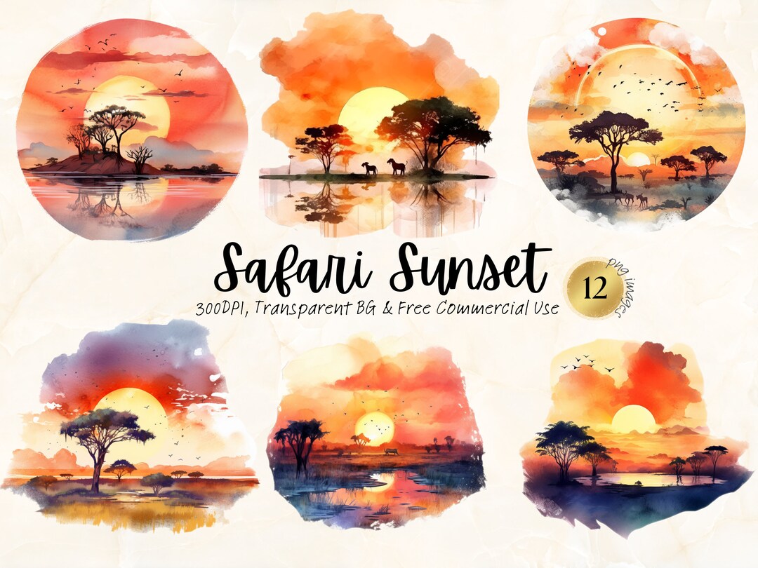 Watercolor Safari Sunset Clipart Sunrise Africa Vacation Travel Digital ...