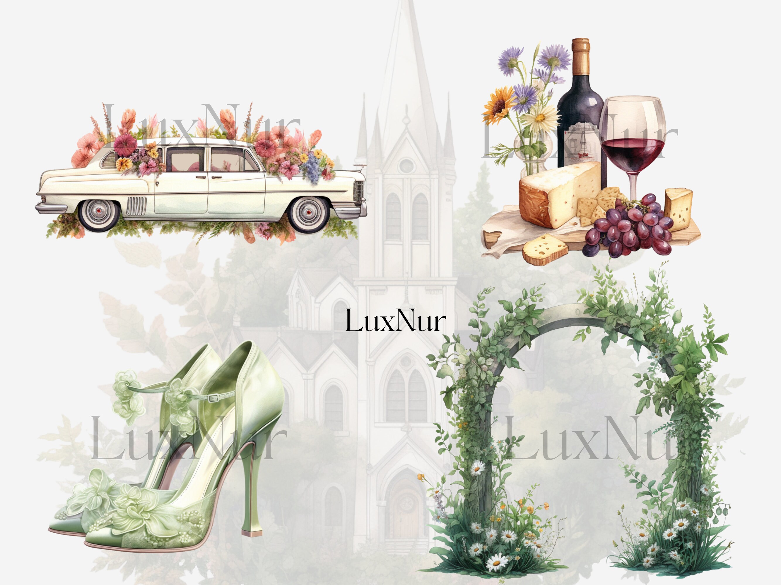 Watercolor Wedding Clipart Printable Green Wedding Day Art - Etsy