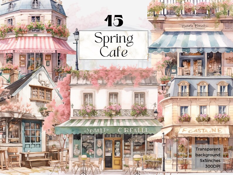 Watercolor Spring Cafe Clipart Printable Spring Clipart Cafe - Etsy