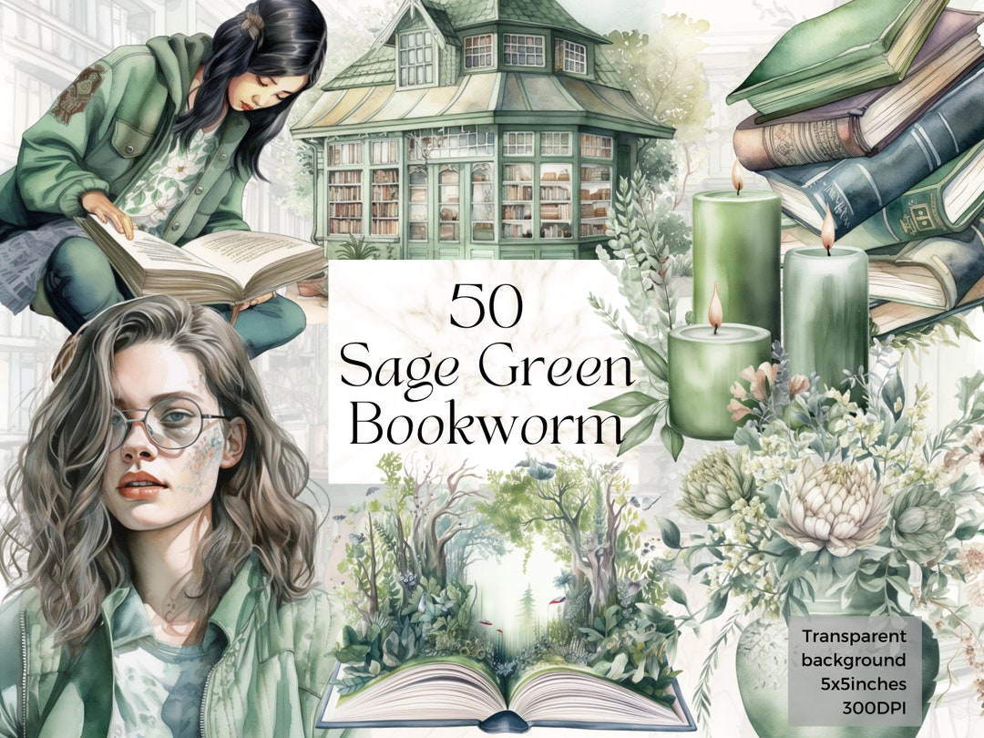 Watercolor Sage Green Bookworm Png Clipart, Printable Reading Book Club ...