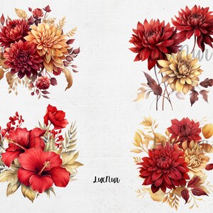 Watercolor Red and Gold Flowers Clipart, Printable Spring Floral Art ...