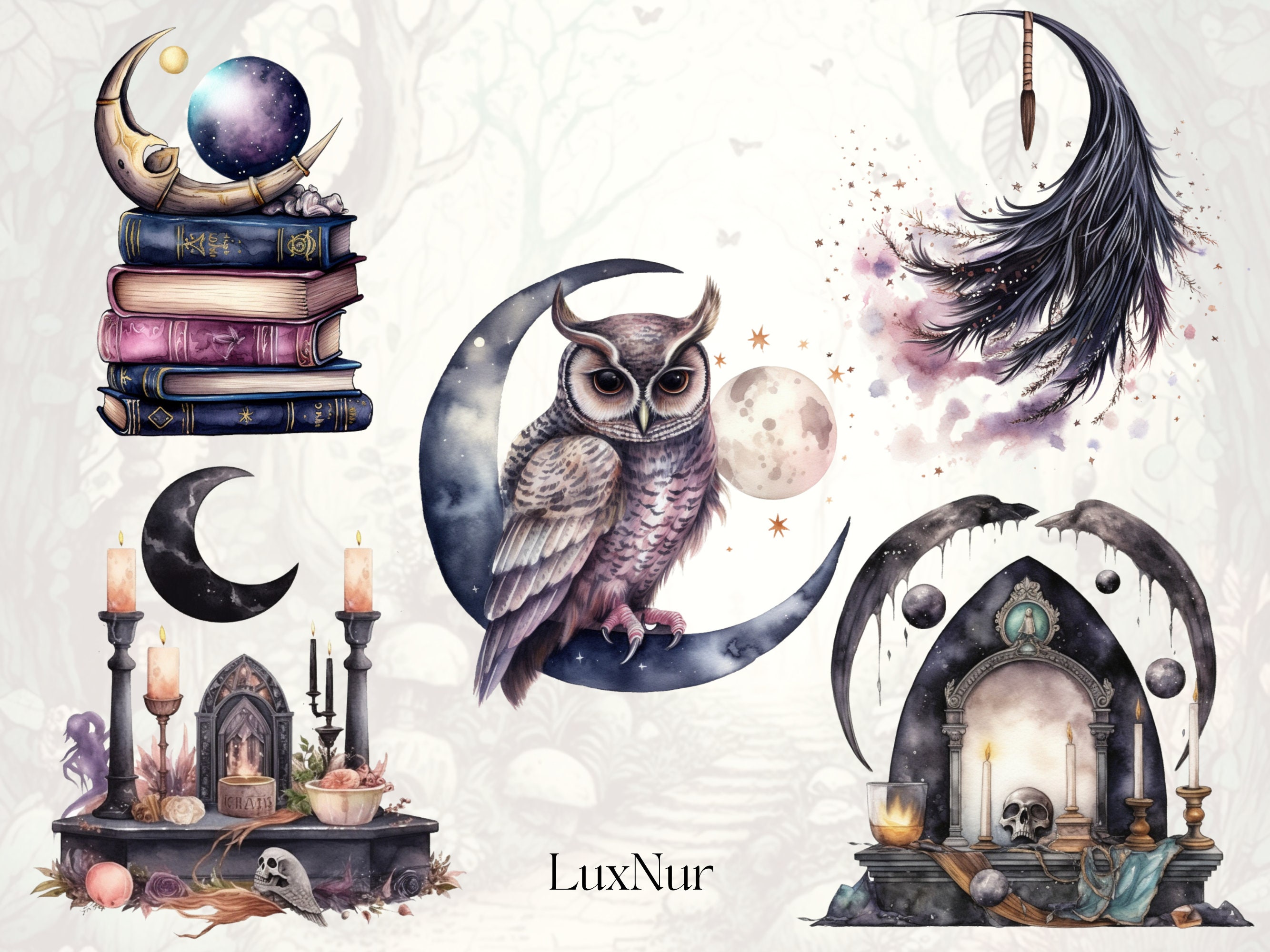 Watercolor Dark Moon Witch Png Clipart Printable Crescent - Etsy