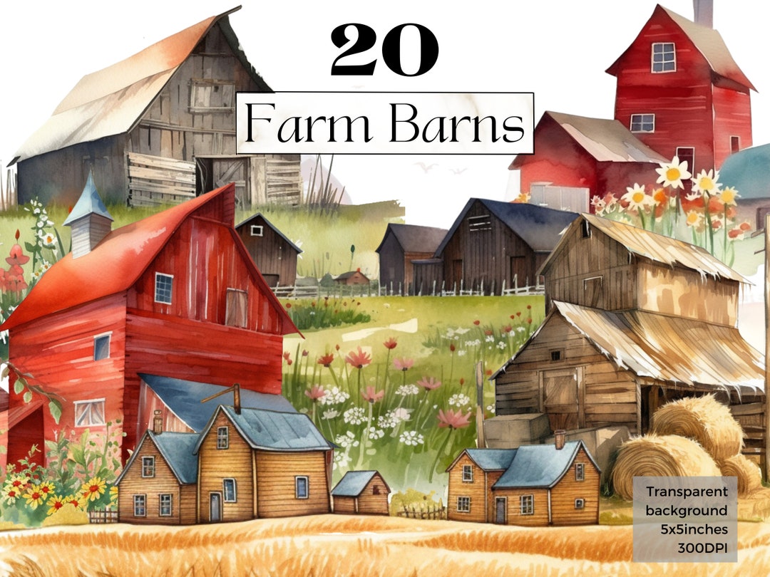 Watercolor Farm Barns Clipart Png, Printable Rustic Farmhouse Landscape ...
