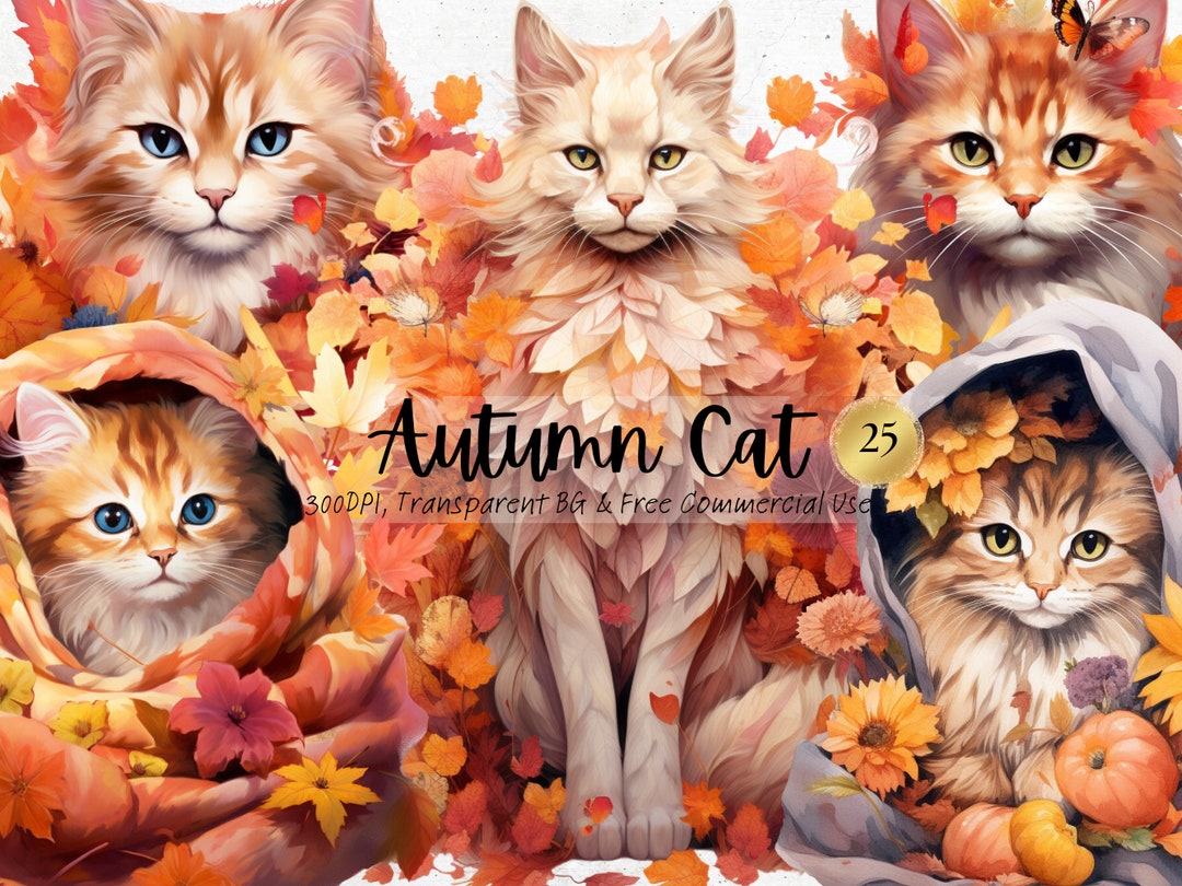 Watercolor Autumn Cat Clipart, Printable Cozy Fall Season Cat Png ...