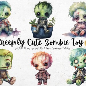 Watercolor Creepy Cute Zombie Toy Clipart, Printable Kid Kawaii Cute ...