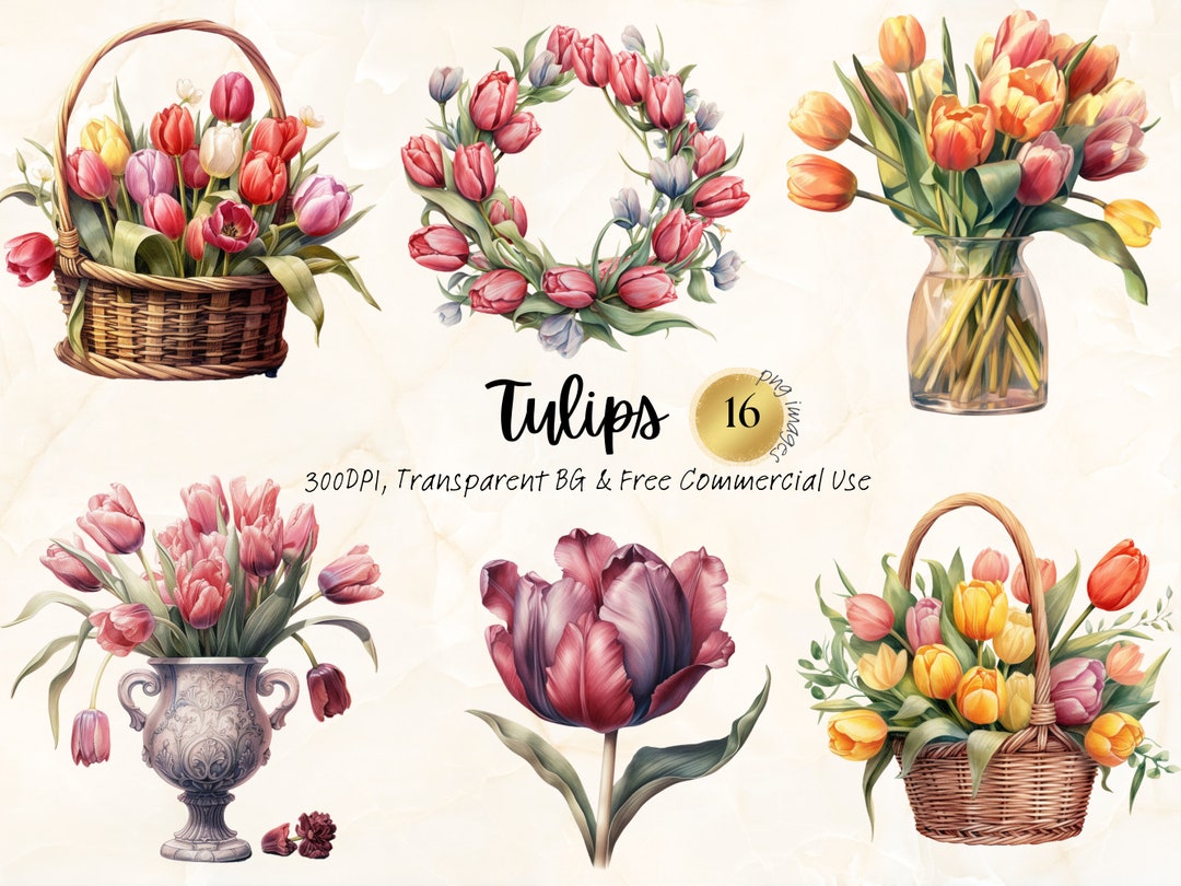 Watercolor Tulips Clipart Printable Botanical Floral Flower Wreath ...