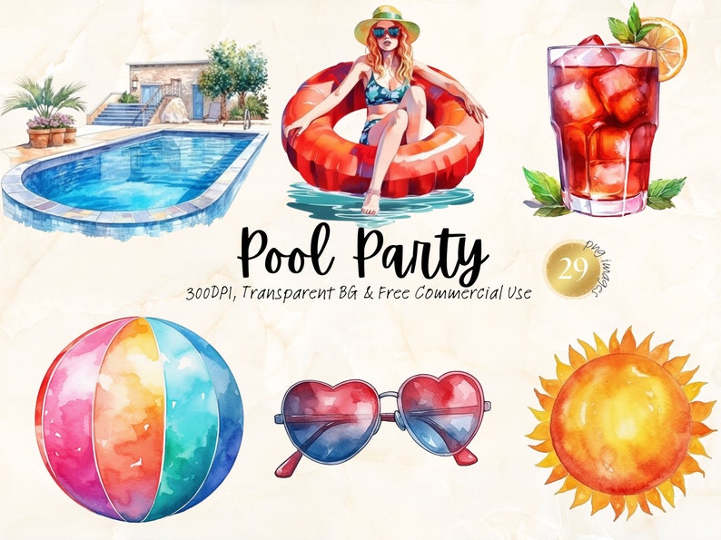 Watercolor Pool Party Clipart Summer Vacation Beach Holiday - Etsy