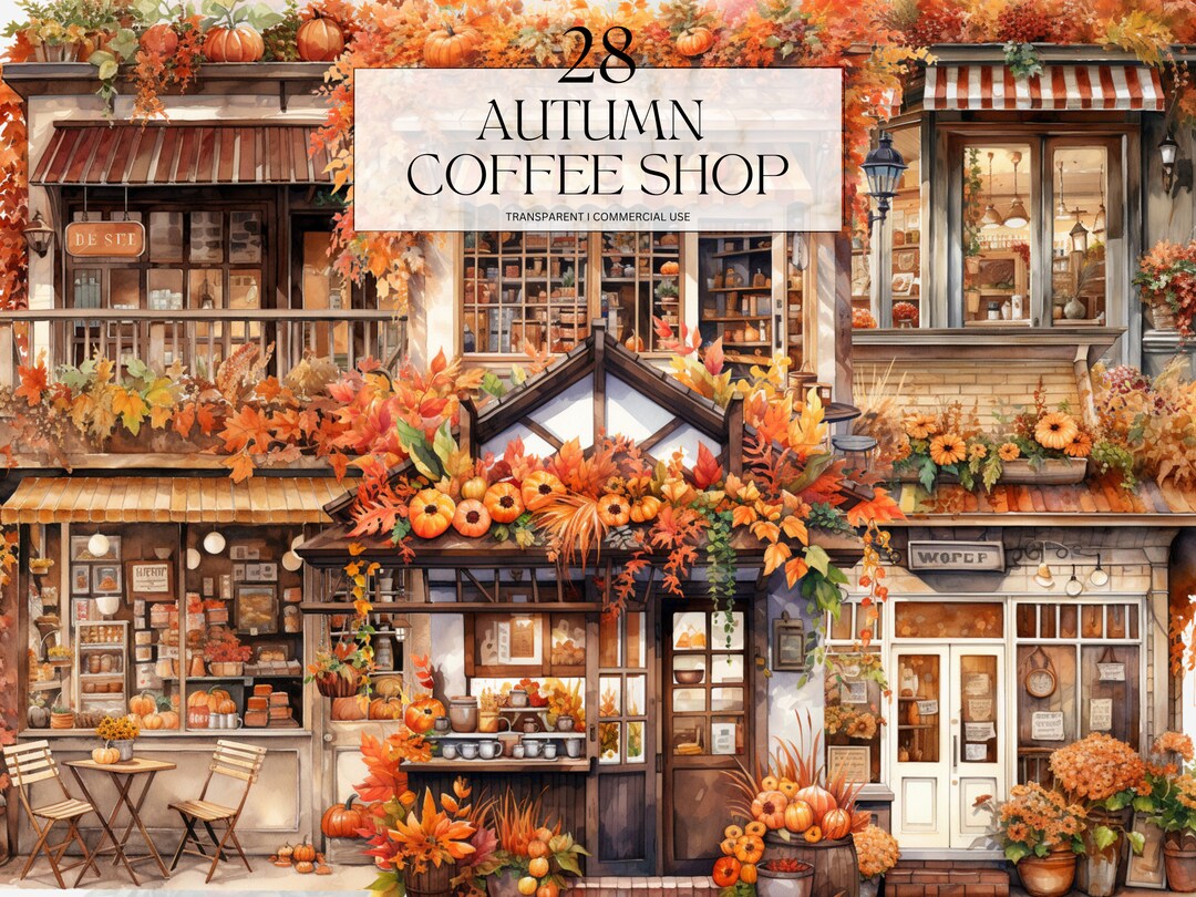 Watercolor Autumn Coffee Shop Clipart, Printable Fall Cafe Ephemera Png ...