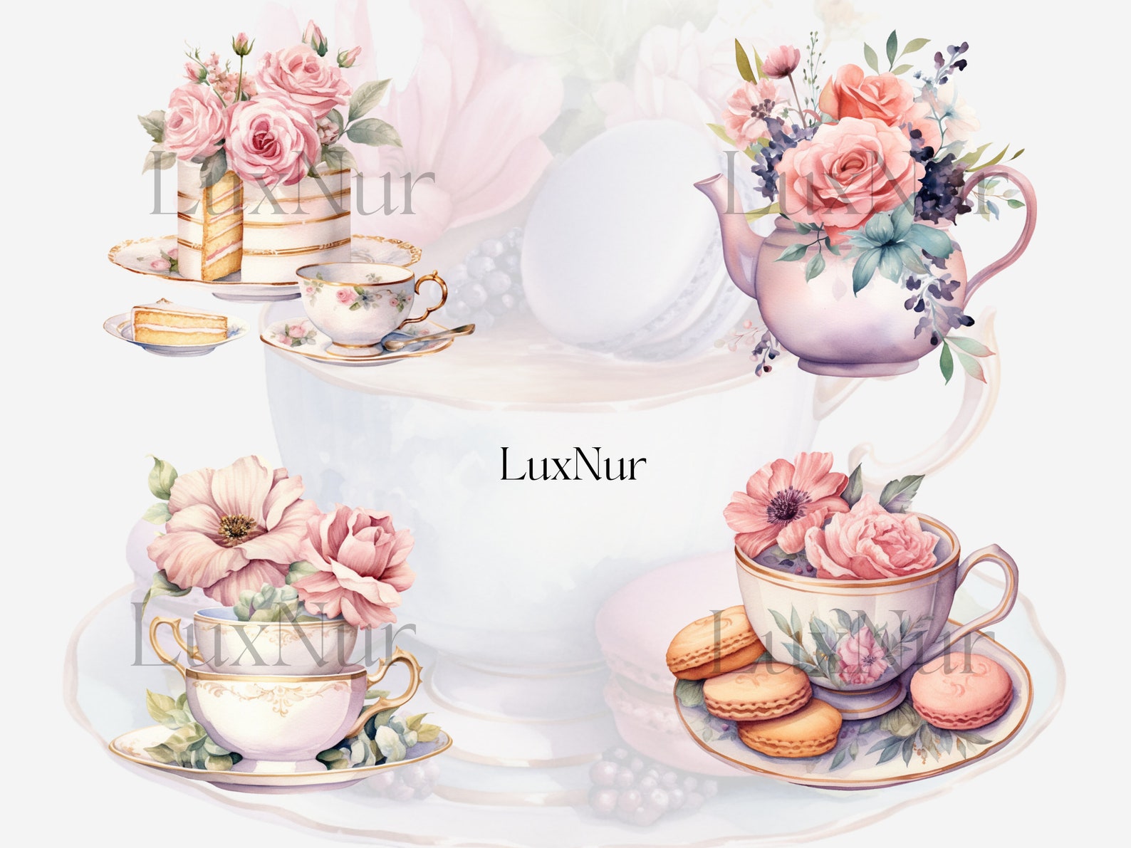 Watercolor Floral Tea Time Clipart Printable Vintage Tea Party - Etsy