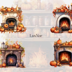 Watercolor Cozy Autumn Fireplace Clipart, Printable Botanical Chimney ...