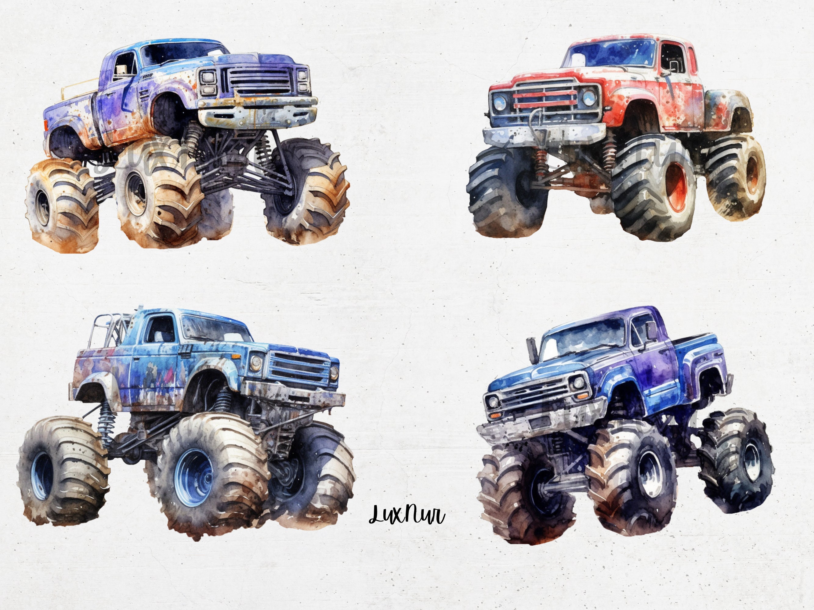 Watercolor Monster Truck Clipart Printable Giant Vehicle Png - Etsy