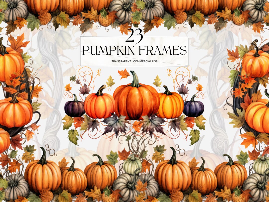 Watercolor Pumpkin Frames Clipart Printable Cozy Floral Ephemera Png ...