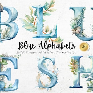 Alphabet Watercolor Png Clipart, Printable Blue Floral Letter Wedding ...