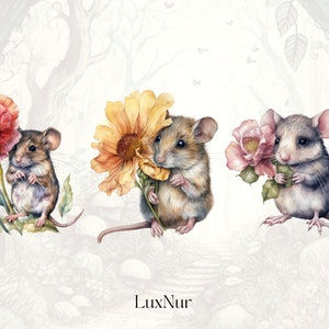 Watercolor Mouse With Flower Clipart Printable Floral Mice - Etsy