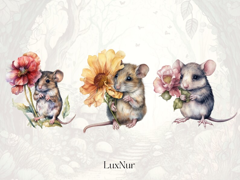 Watercolor Mouse With Flower Clipart Printable Floral Mice - Etsy