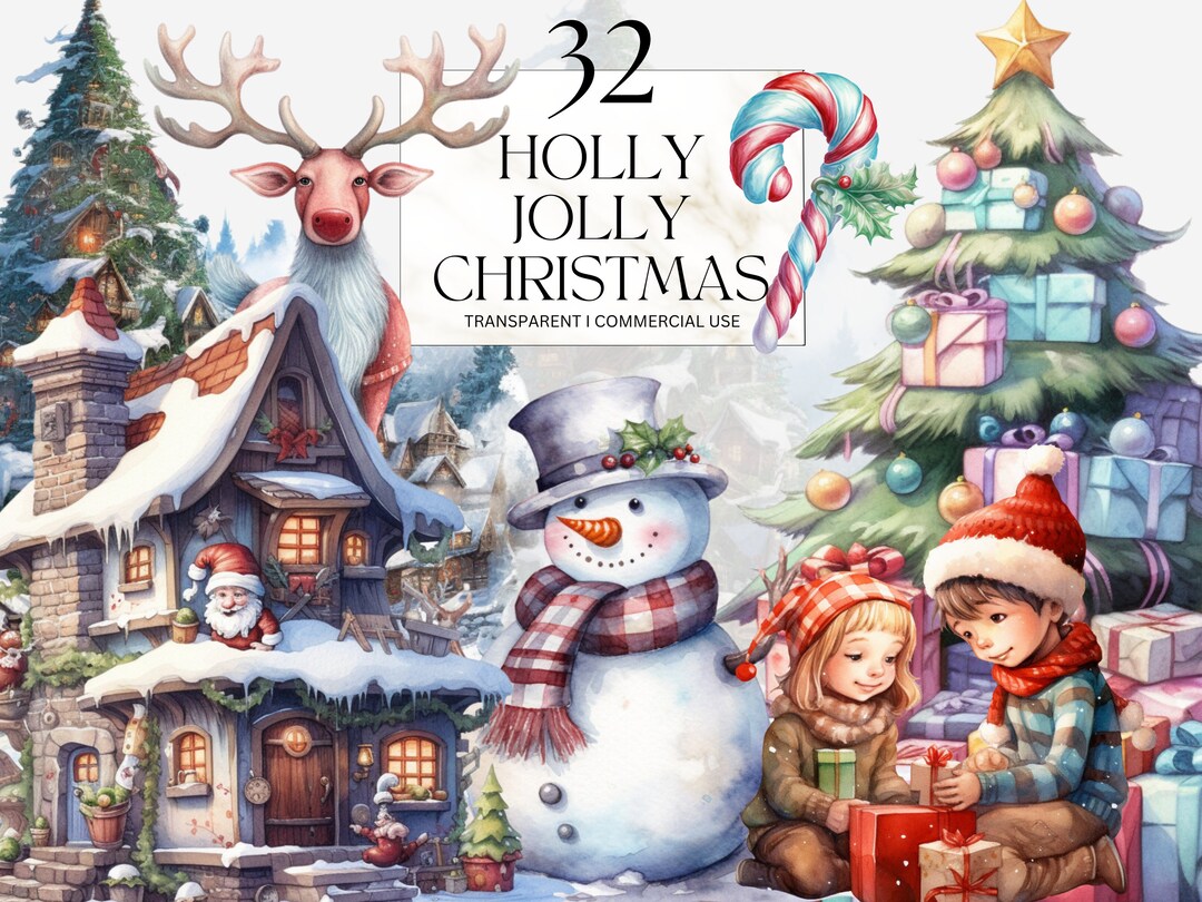 Holly Jolly Christmas Watercolor Clipart Printable Santa Claus Rudolph ...