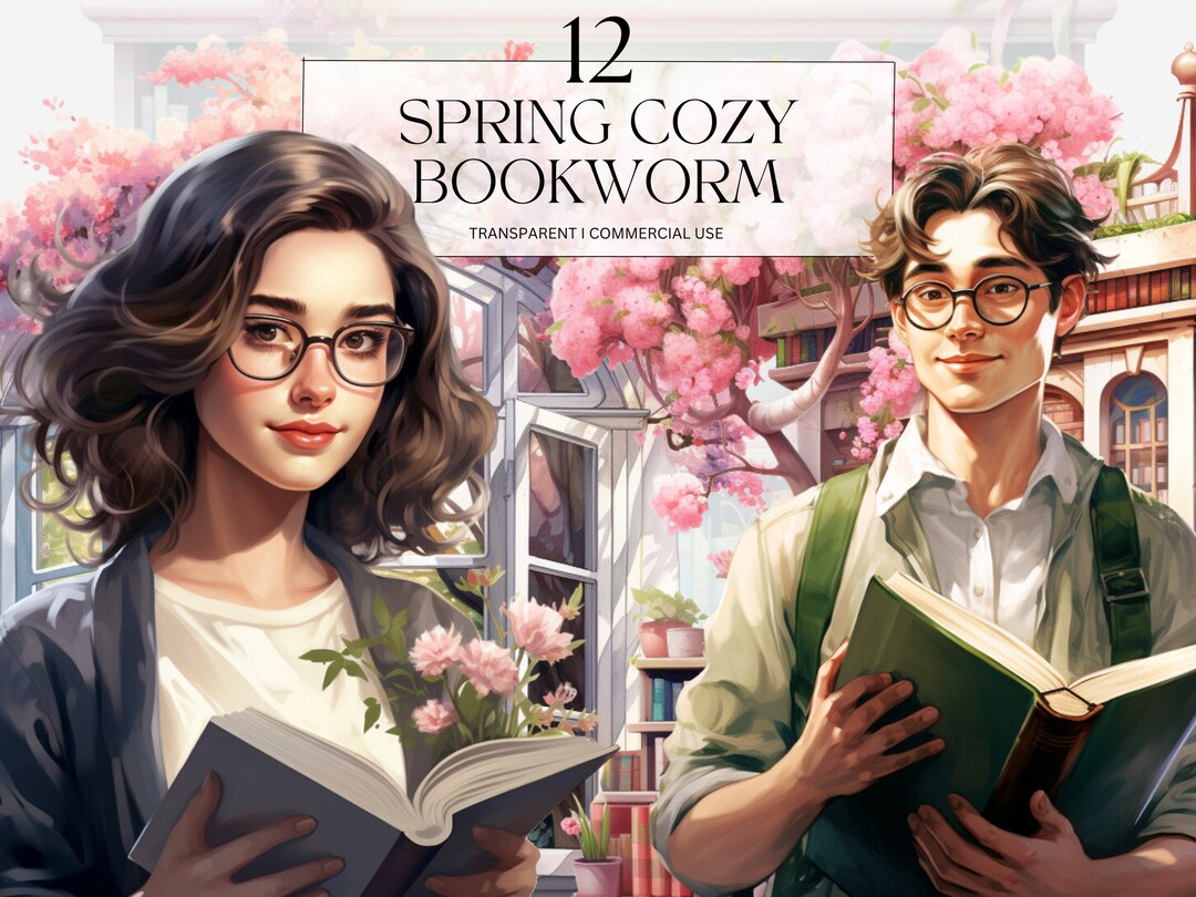 Watercolor Spring Cozy Bookworm Clipart, Printable Springtime Book ...