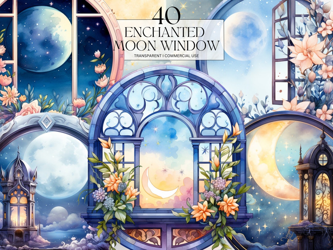 Watercolor Enchanted Moon Window Clipart, Printable Fantasy Moonlight ...
