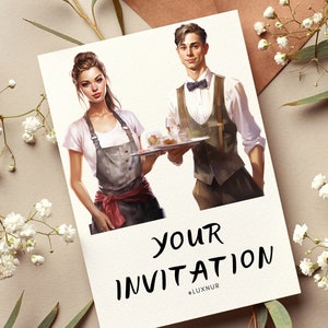 Watercolor Waiter & Waitress Clipart, Printable Restaurant Bistro Png ...