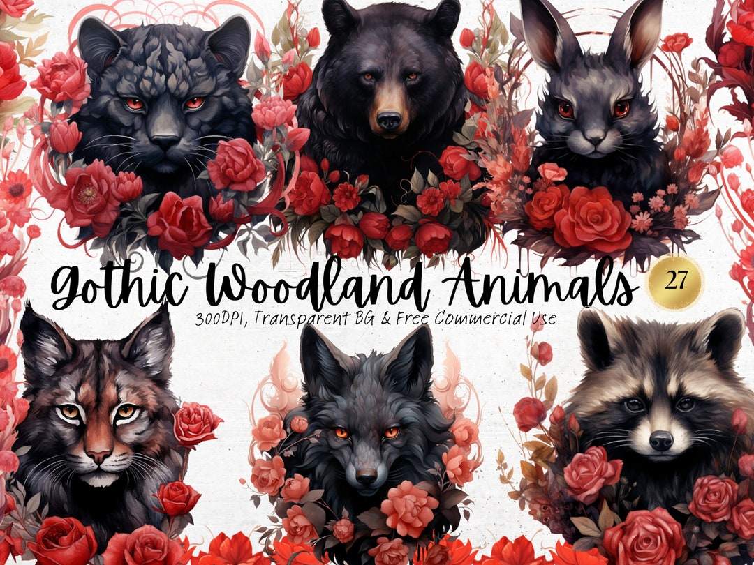 Watercolor Gothic Woodland Animals Clipart, Printable Dark Forest ...