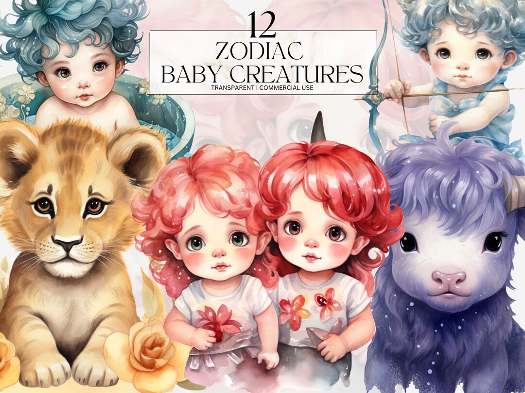 Watercolor Zodiac Baby Creatures Clipart, Printable Astrology for Kids ...