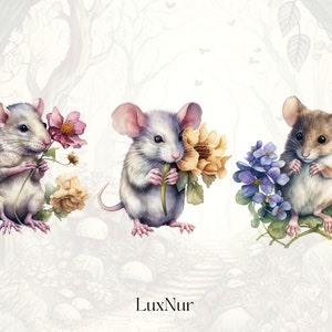 Watercolor Mouse With Flower Clipart, Printable Floral Mice Wall Art ...