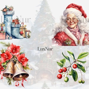 Holly Jolly Christmas Watercolor Clipart Printable Santa Claus Rudolph ...