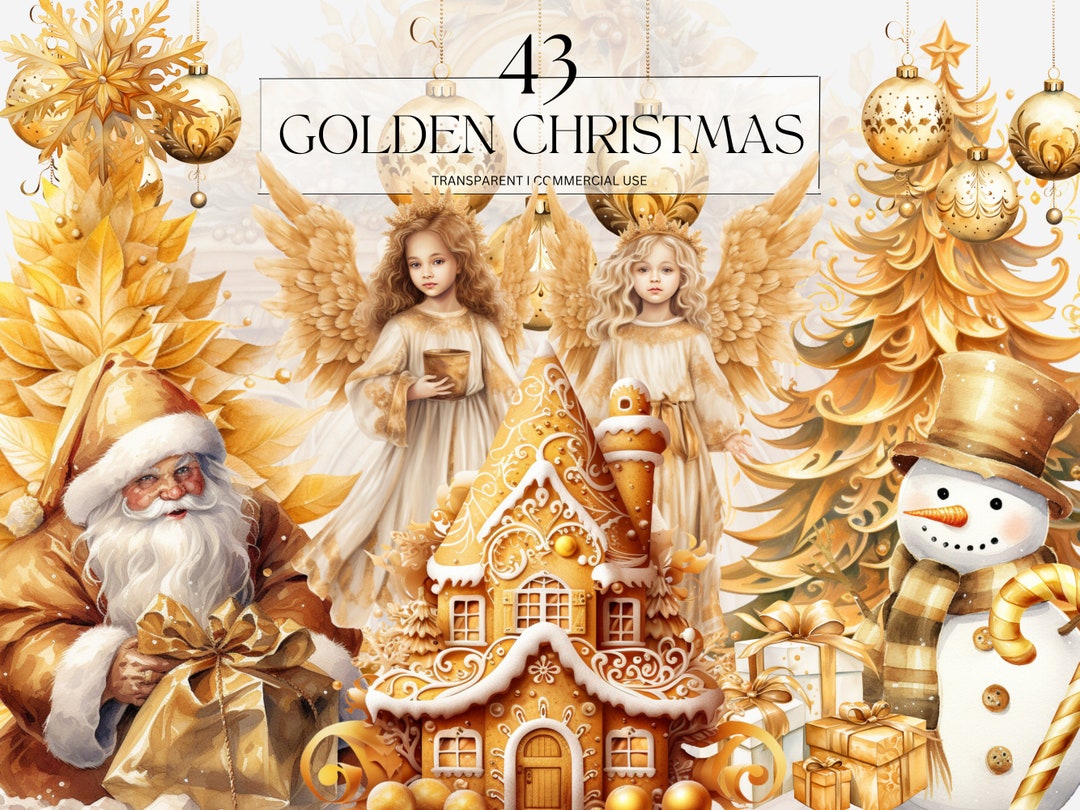 Watercolor Golden Christmas Clipart, Printable Amber Floral Ephemera ...