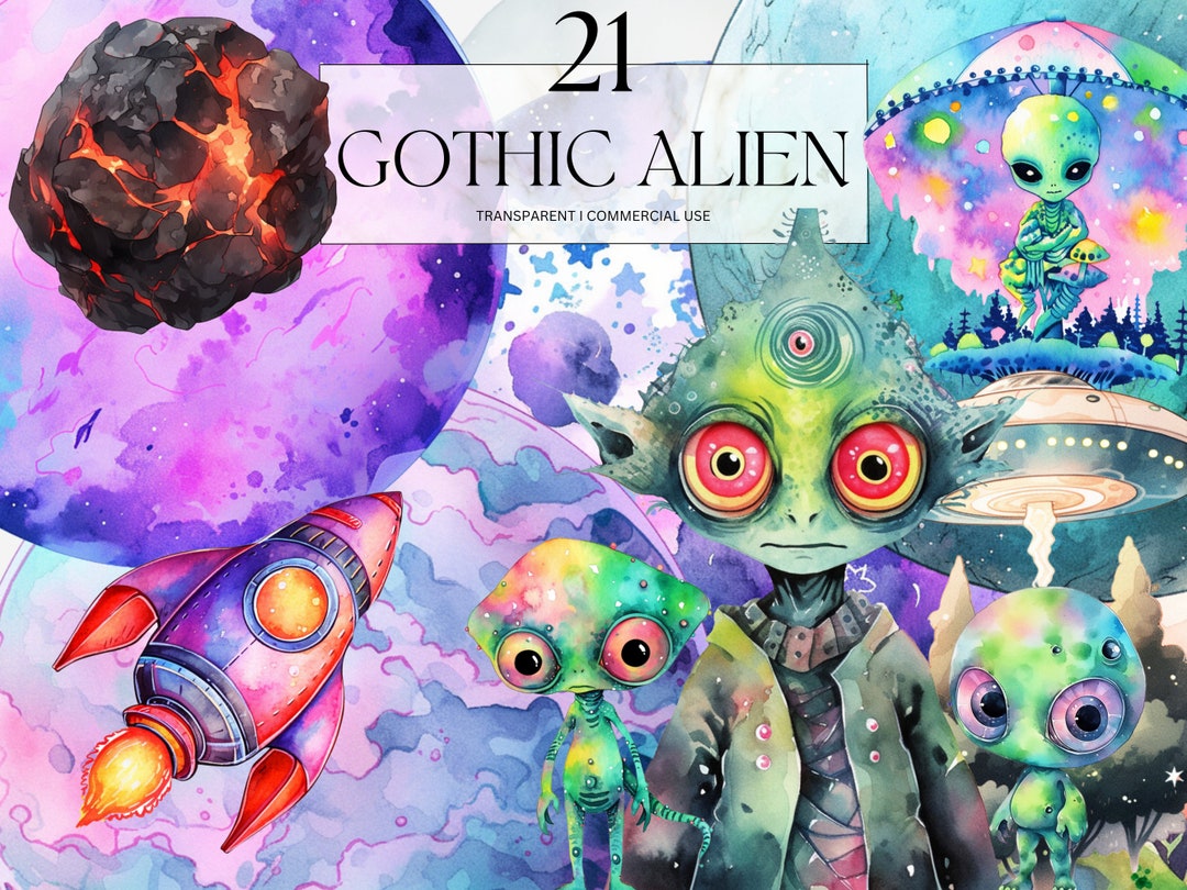 Watercolor Gothic Alien Clipart, Printable UFO Outerspace Planet Png ...