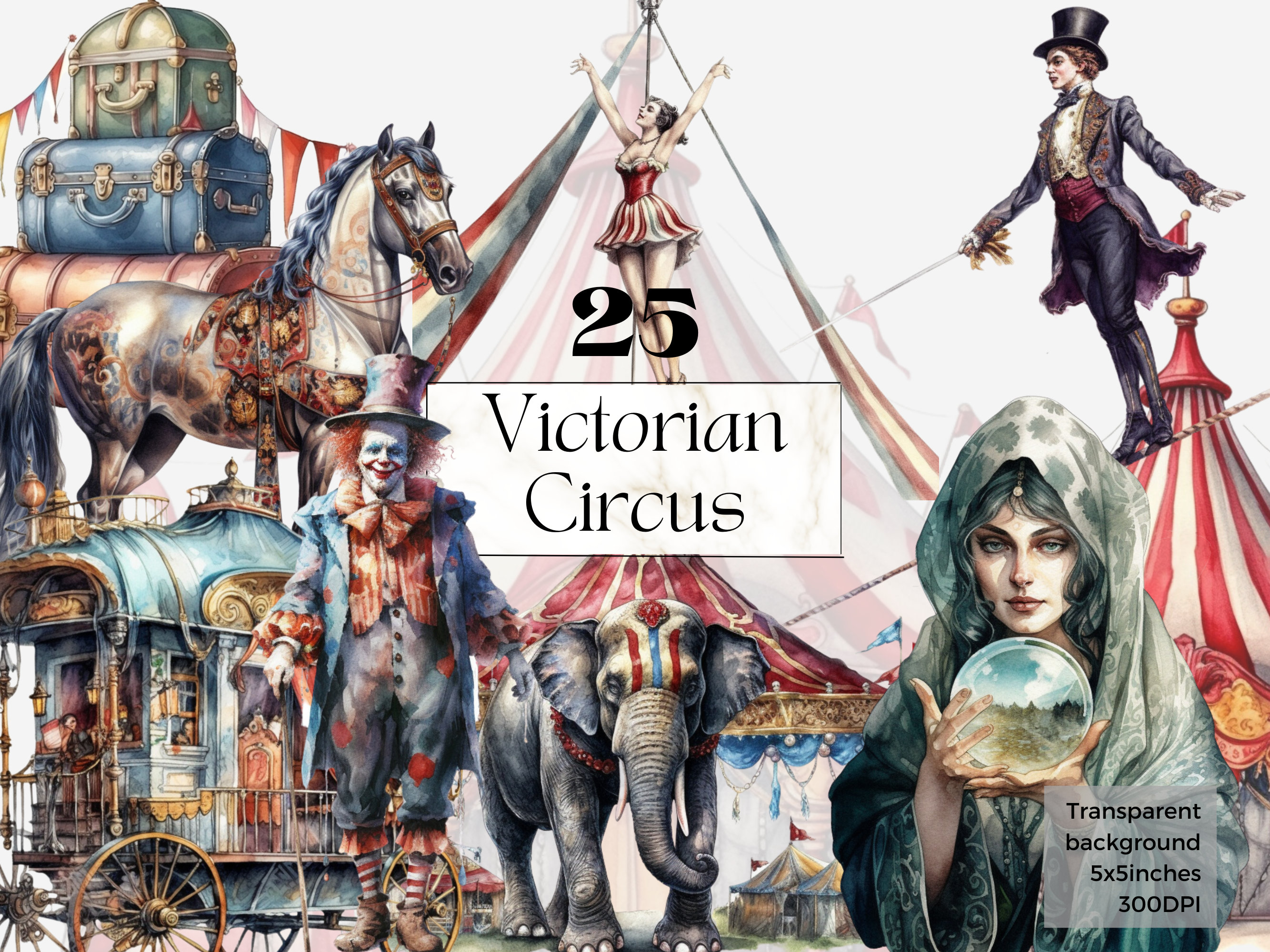 Watercolor Victorian Circus Clipart Printable Circus Birthday - Etsy
