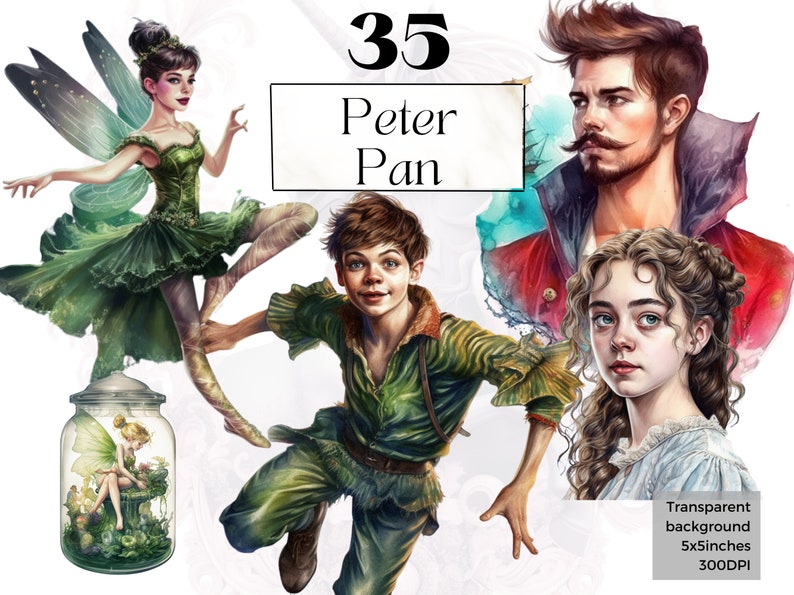 Watercolor Peter Pan Clipart Png Printable Tinkerbell - Etsy