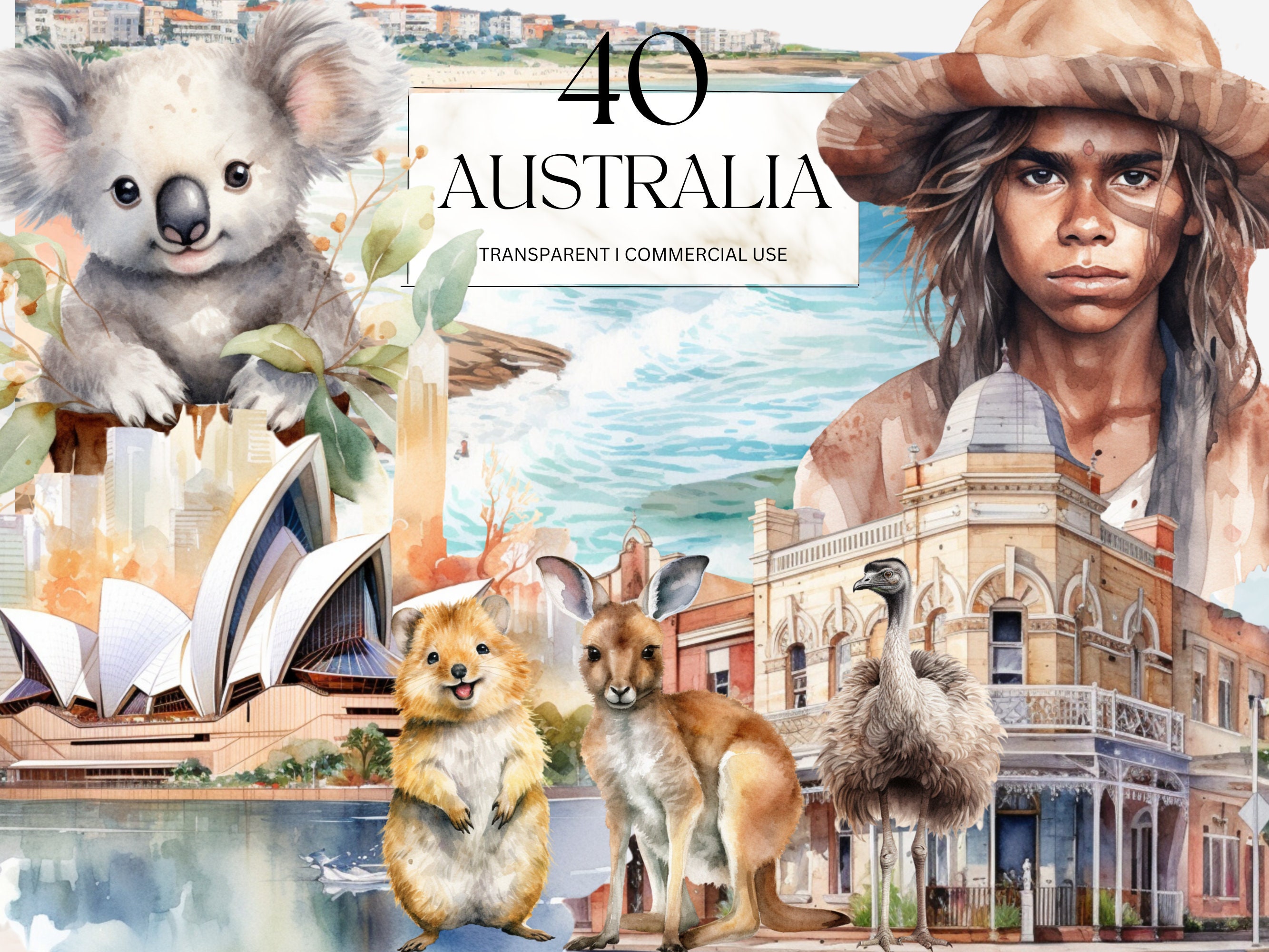 Watercolor Australia Clipart Printable Kangaroo Quokka Koala - Etsy ...