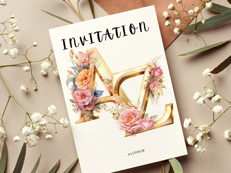 Alphabet Watercolor Png Clipart Printable Gold Floral Letter - Etsy