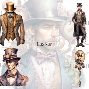 Watercolor Steampunk Gentleman Clipart, Printable Clockwork Fashion Png ...
