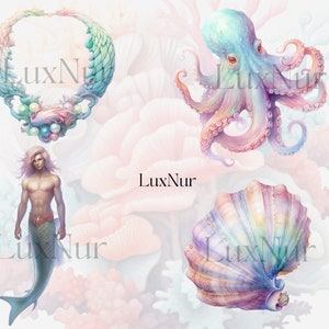 Watercolor Mermaid Clipart, Printable Girl Under the Sea Princess Art ...