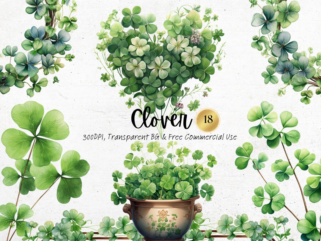 Watercolor Clover Clipart, Printable Fantasy Shamrock Png, Botanical ...