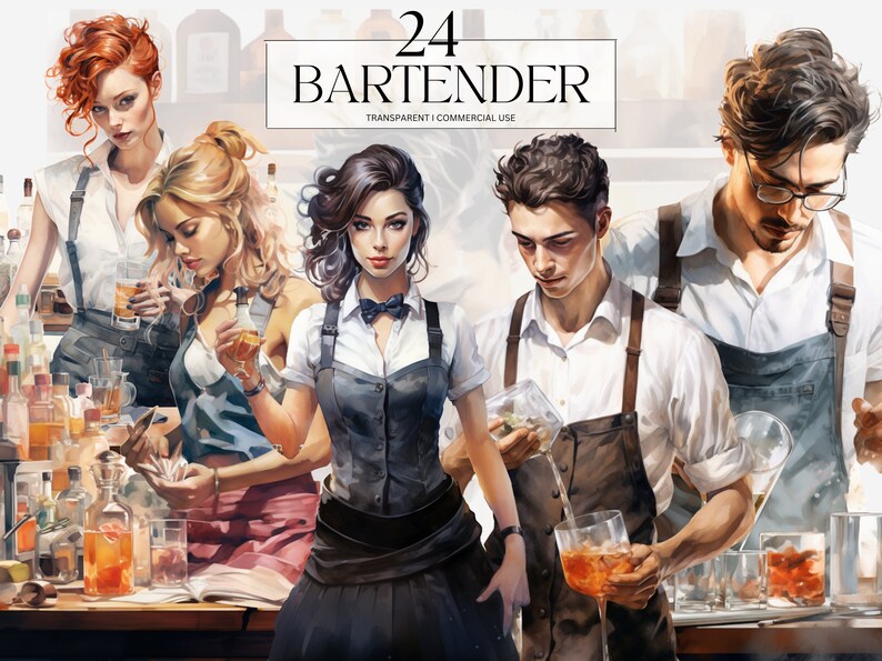 Watercolor Bartender Clipart Printable Restaurant Bistro Png - Etsy