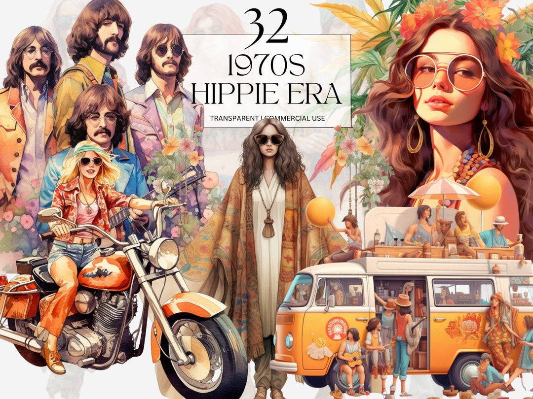 Watercolor 1970 Hippie Clipart, Printable 1970s Retro Fashion Art Print ...