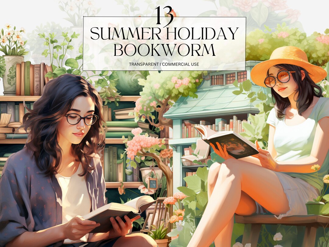 Watercolor Summer Holiday Bookworm Clipart Printable Summertime Book ...